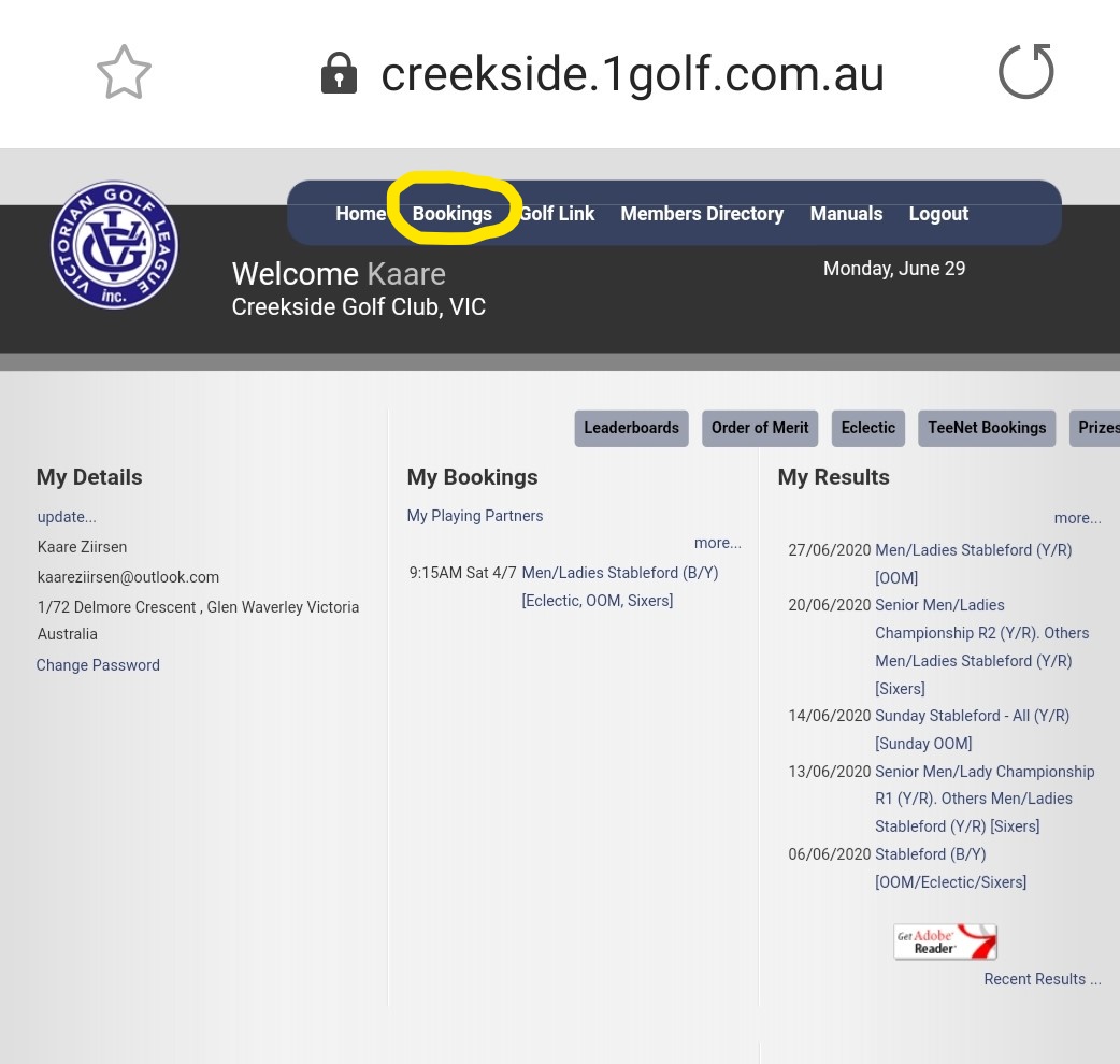 Booking Reminder - Creekside Golf Club